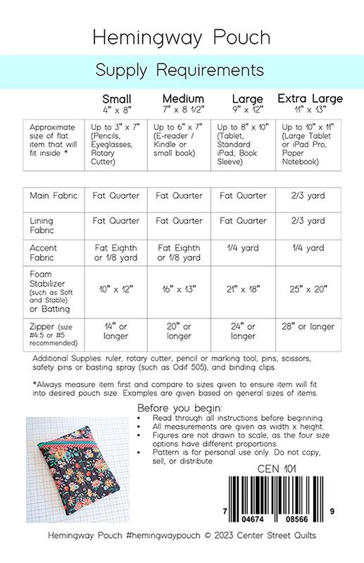 Center Street Quilts Hemingway Pouch Pattern - Sewtopia